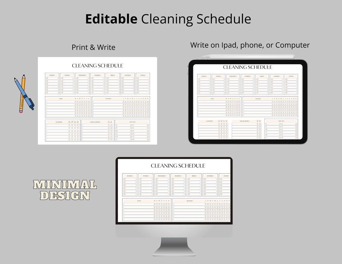 Minimal Cleaning Schedule, Editable Cleaning Schedule, Cleaning ...