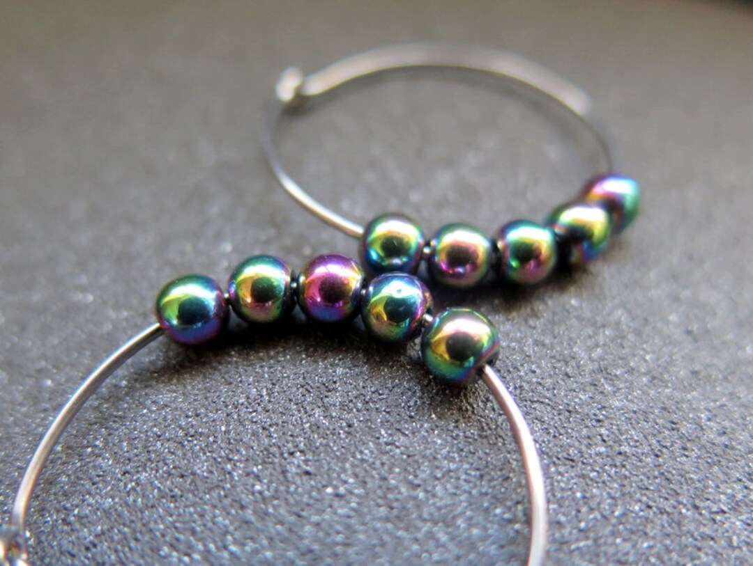 Rainbow Hematite Earrings Niobium Hoops Hypoallergenic Jewelry Etsy