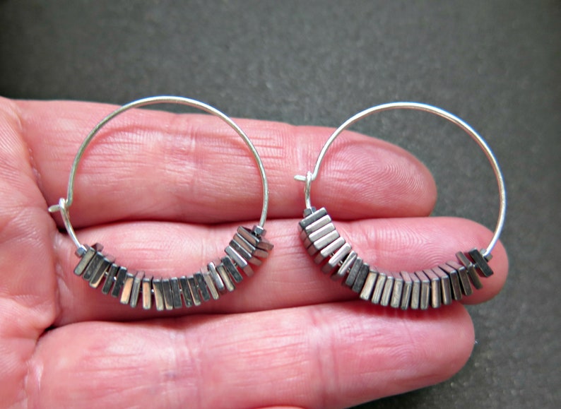 Sterling Silver Hoop Earrings Hematite Jewelry Geometric Etsy