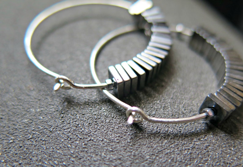 Sterling Silver Hoop Earrings Hematite Jewelry Geometric Etsy