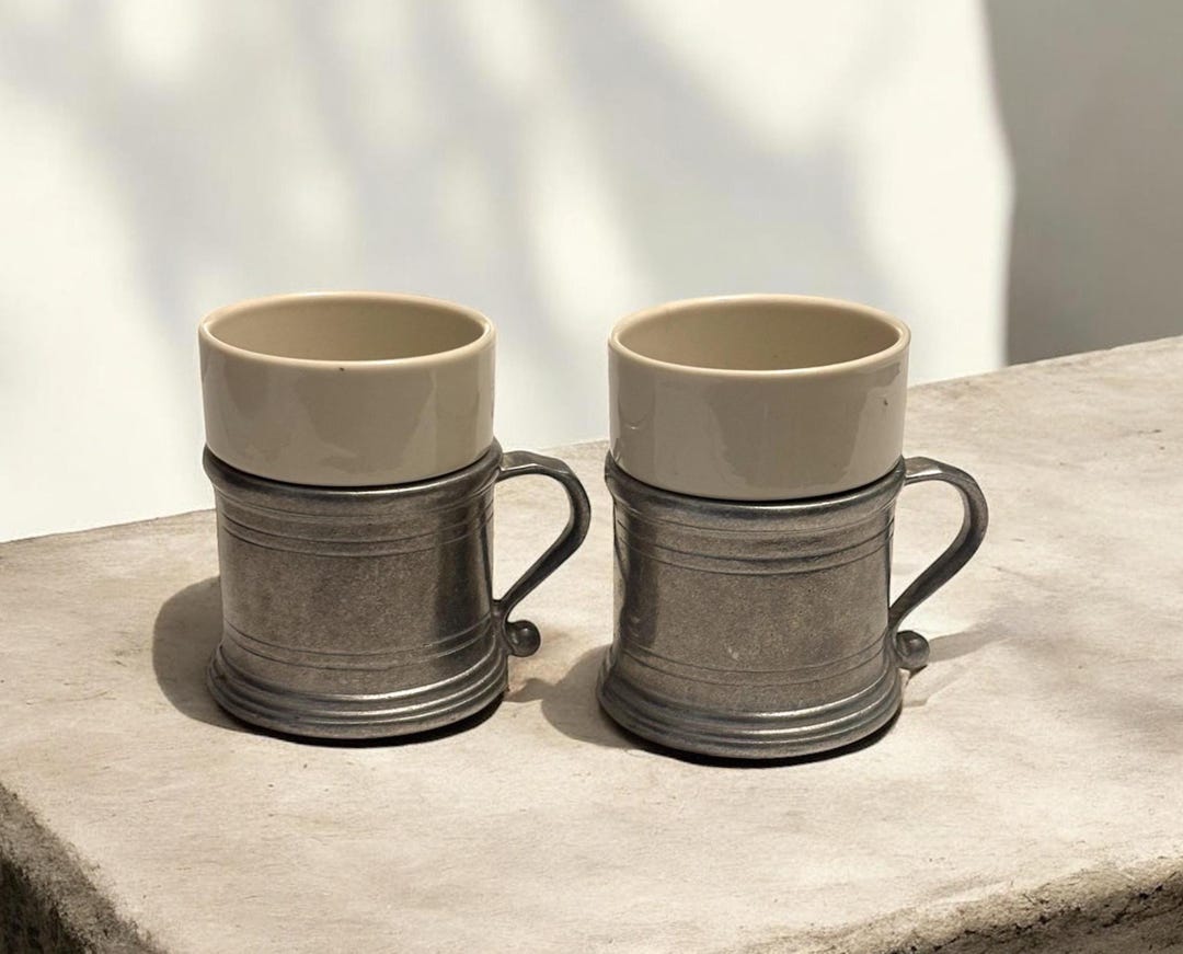 Vintage Pair of Pewter and Ceramic Coffee Mugs - Etsy
