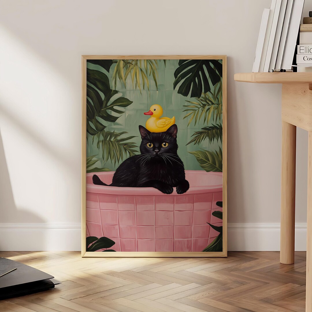 Funny Black Cat Rubber Duck Poster, Cat in Bathtub Print, Jungle Wall ...