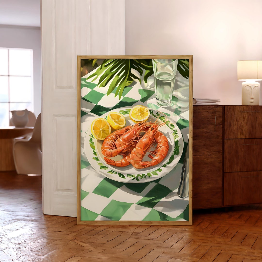 Shrimp Plate Wall Art, Eclectic Kitchen Wall Art, Vintage Dinner Poster ...