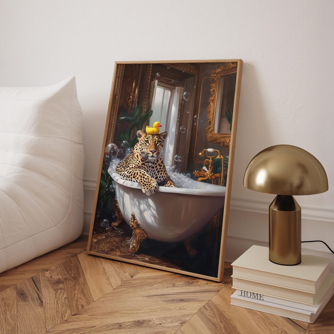 Leopard With Rubber Duck Poster, Leopard in Bathtub Print, Funny Wall ...