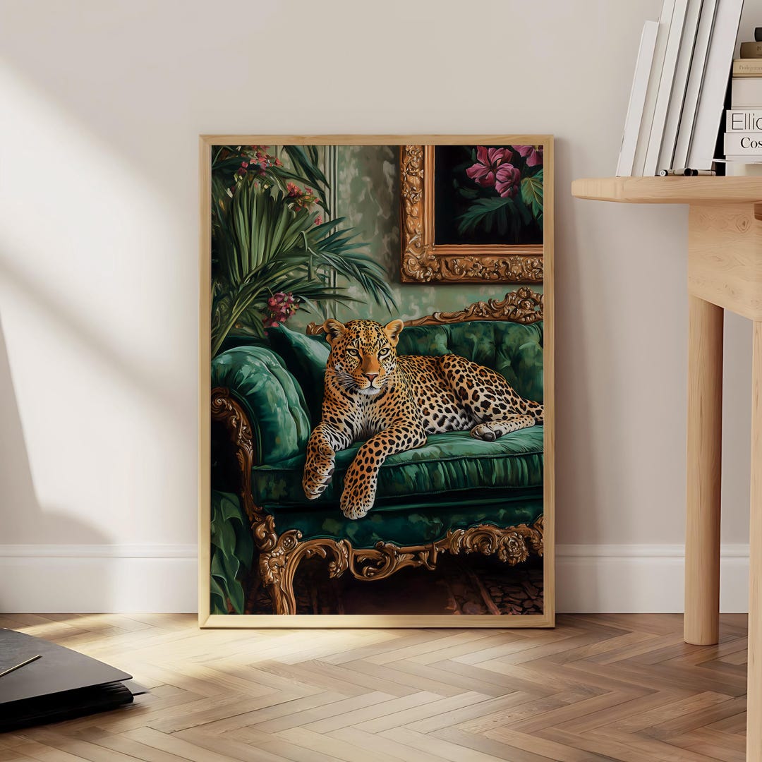 Leopard on Emerald Green Sofa Poster, Leopard Wall Art, Maximalist Wall ...