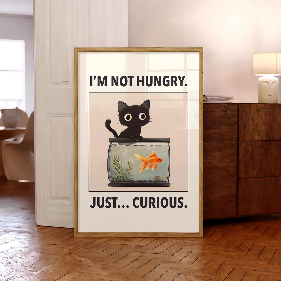 Funny Cat and Fish Tank Poster, Cute Black Cat Goldfish Print, Playful ...