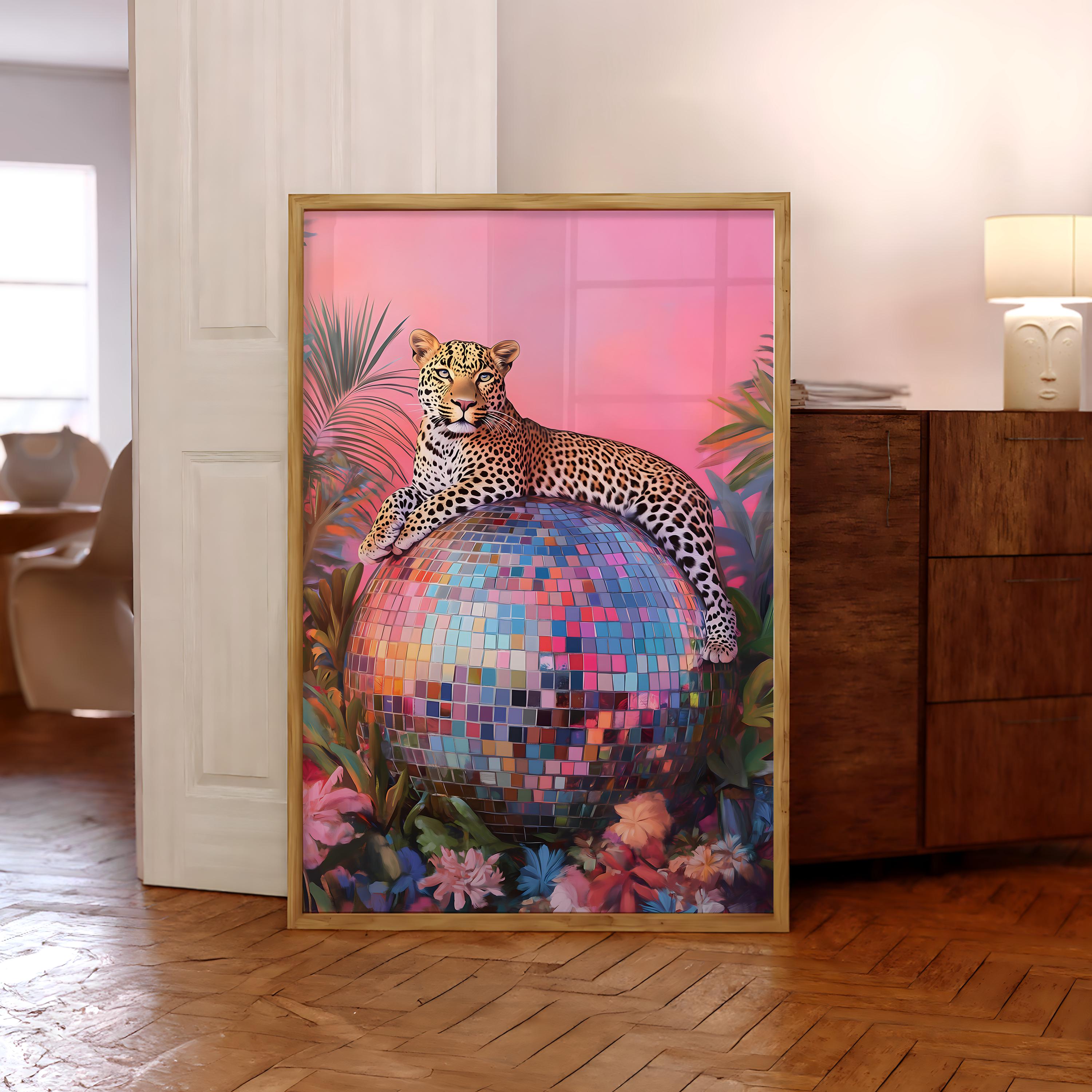 Leopard on Disco Ball Poster, Maximalist Wall Decor, Vibrant Maximalist ...