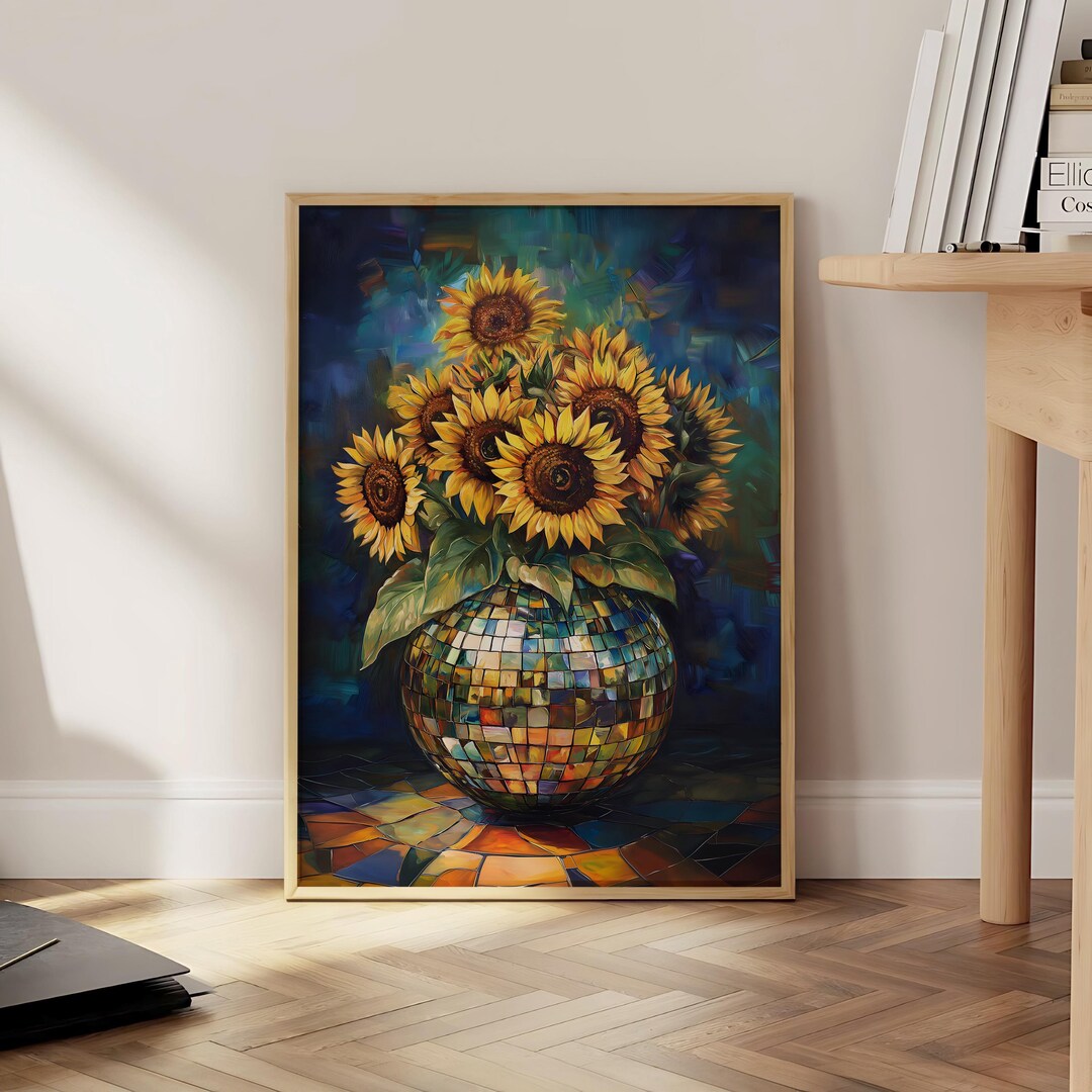 Sunflowers Disco Ball Print, Maximalist Funky Floral Poster, Retro ...