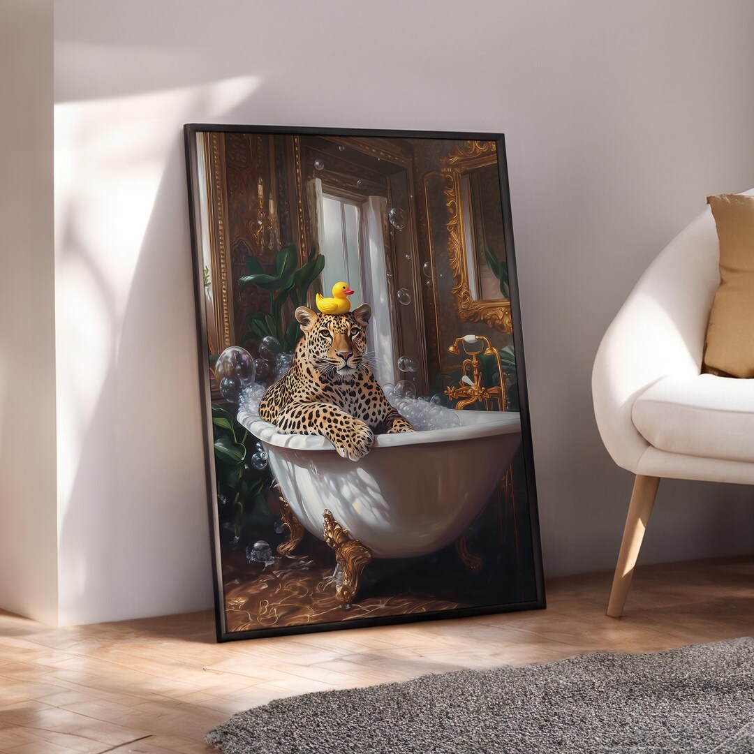Leopard With Rubber Duck Poster, Leopard in Bathtub Print, Funny Wall ...