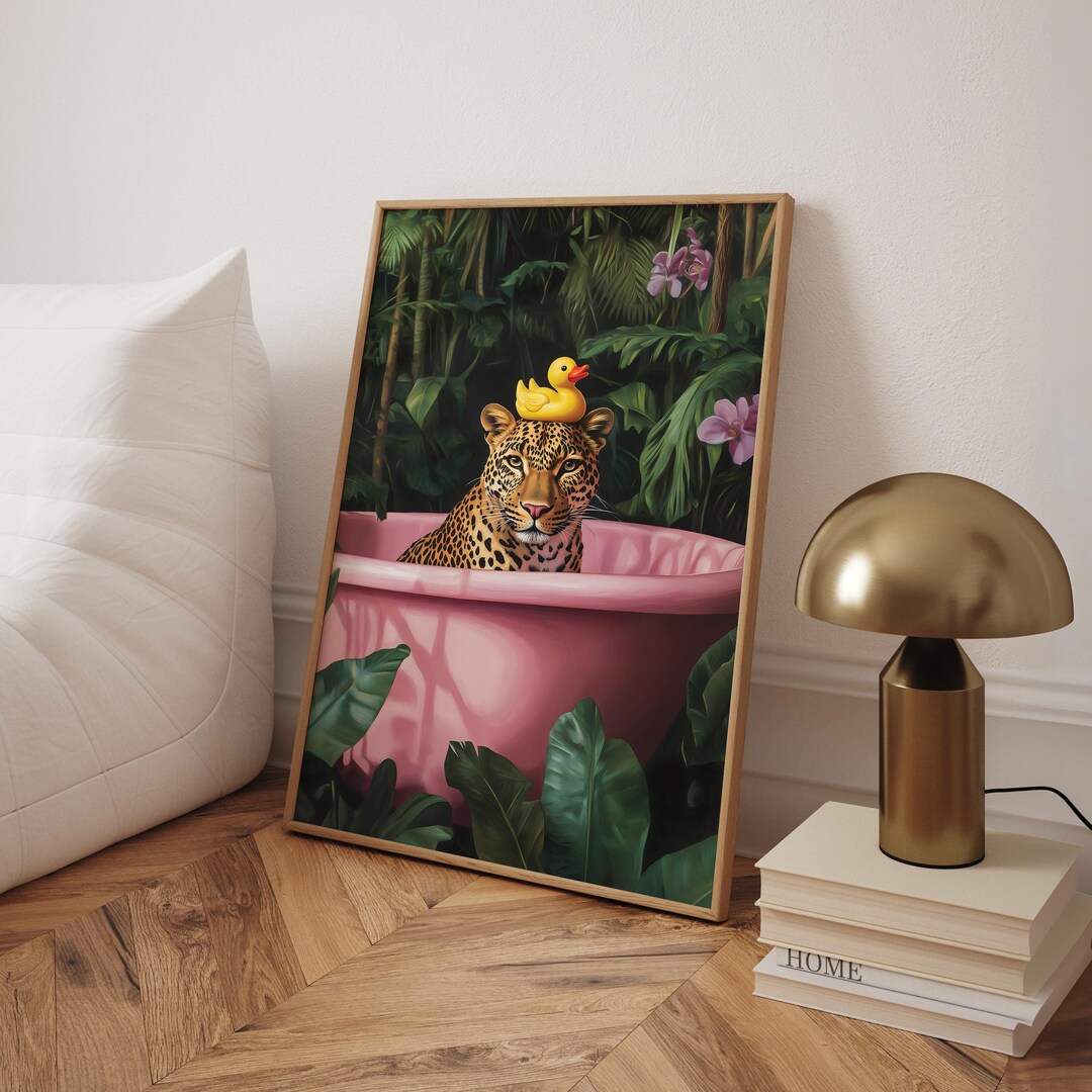 Leopard Rubber Duck Poster, Leopard in Bathtub Print, Jungle Wall Art ...