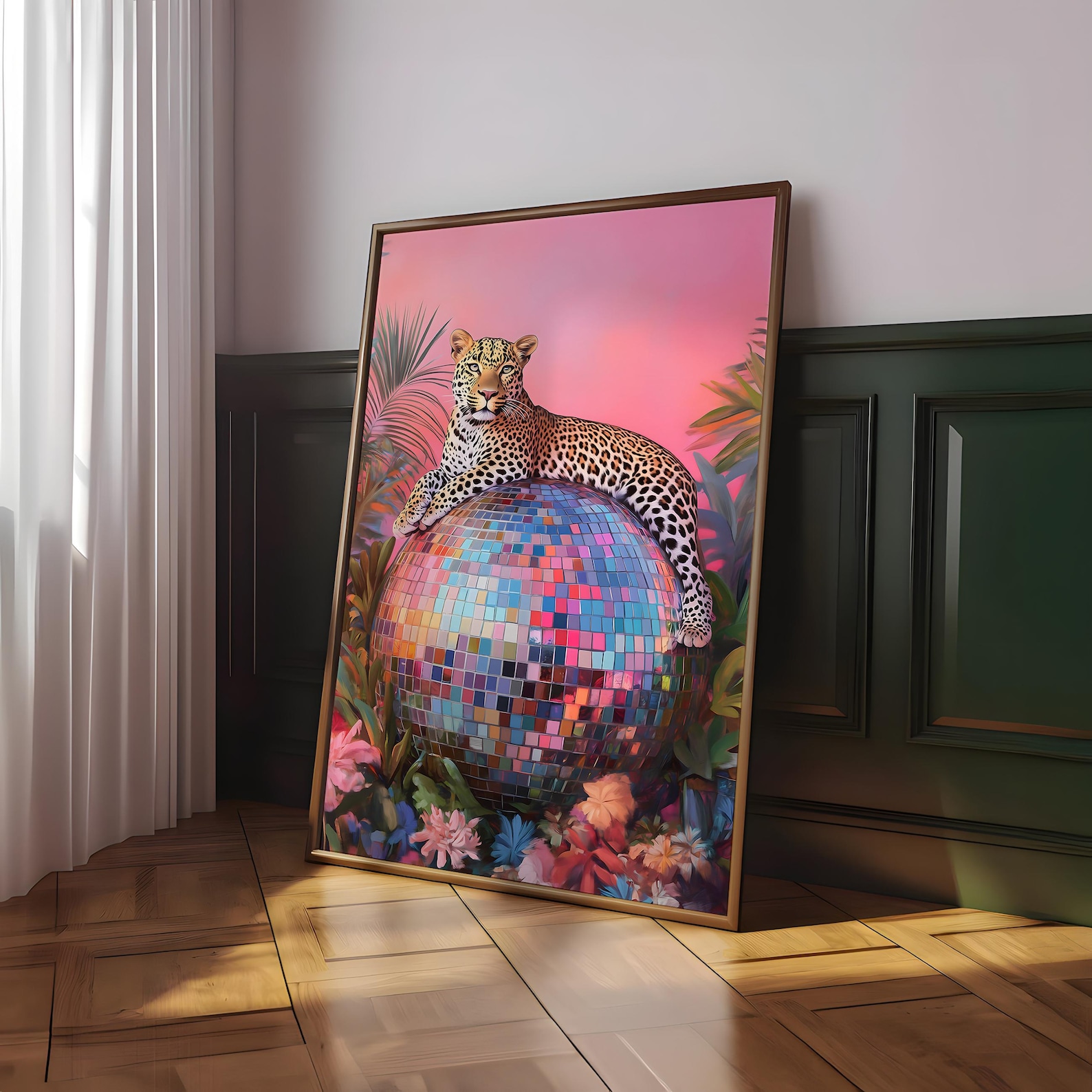 Leopard on Disco Ball Poster, Maximalist Wall Decor, Vibrant Maximalist ...