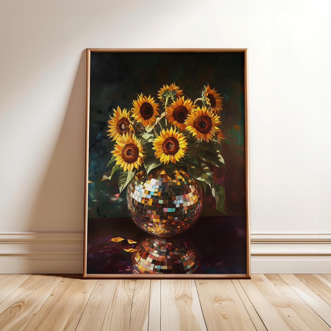 Sunflowers Disco Ball Print, Maximalist Funky Floral Poster, Retro ...