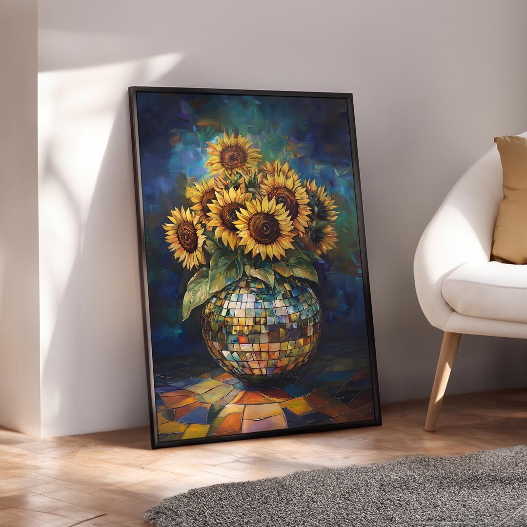 Sunflowers Disco Ball Print, Maximalist Funky Floral Poster, Retro ...
