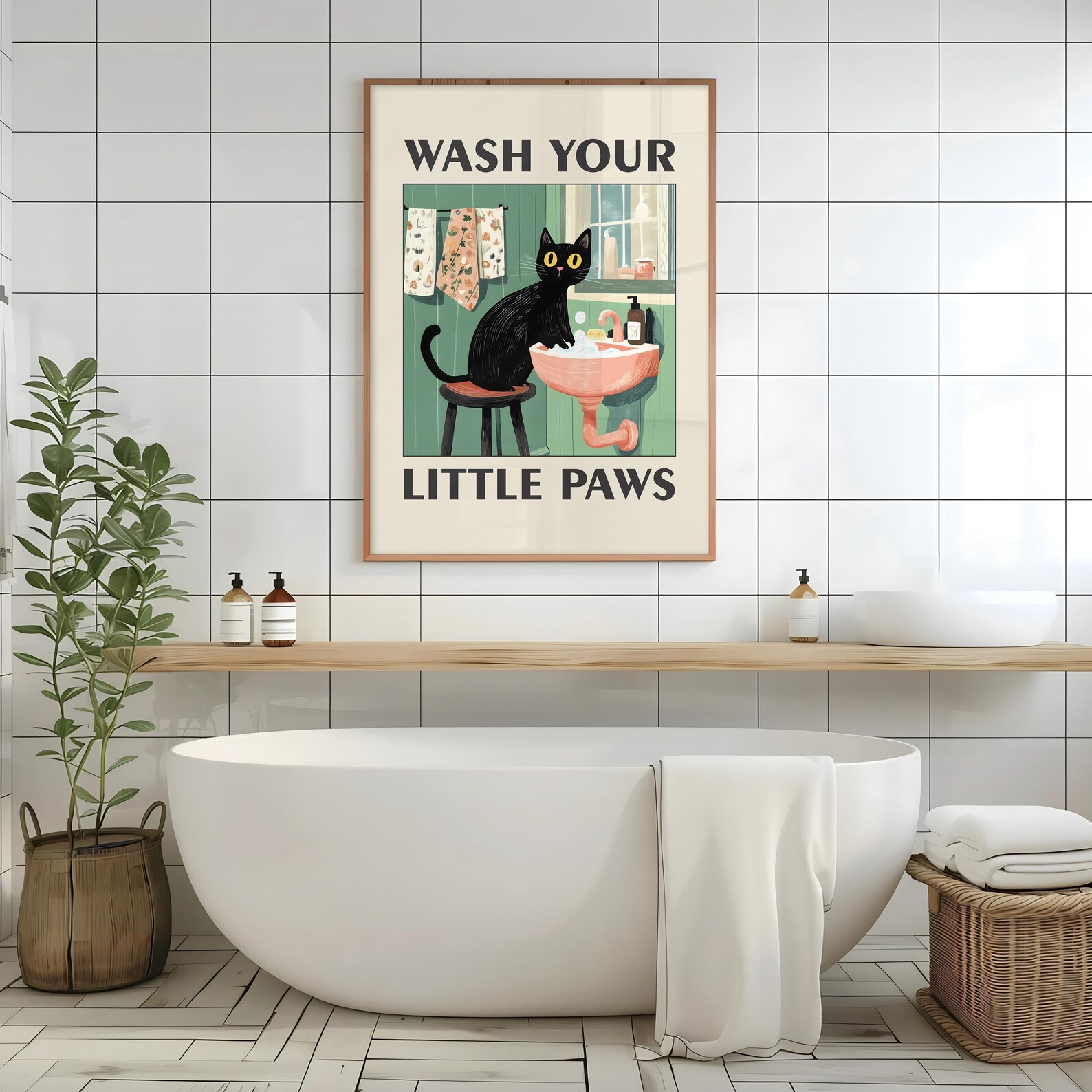 Wash Your Paws Cat Poster, Black Cat Wall Art, Funny Bathroom Print ...