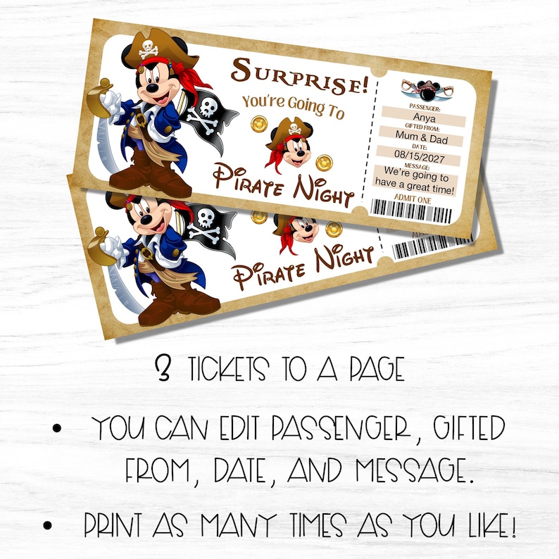 Pirate Mickeyy DCL Cruise Reveal Ticket Gift, Editable Pirate Night ...