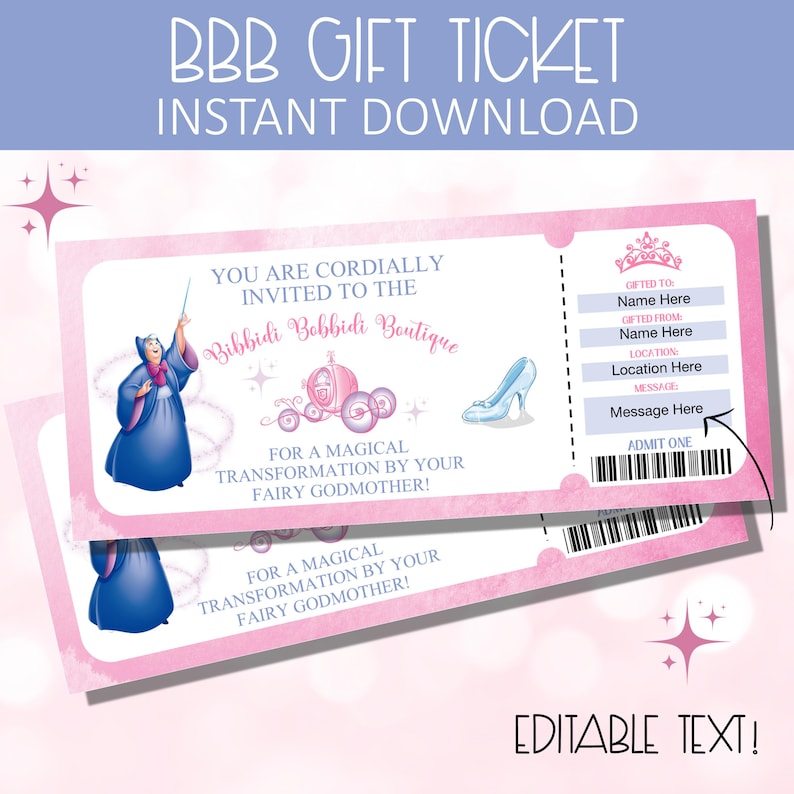 Bibbidi Bobbidi Boutique Reveal Ticket, Editable BBB Gift Ticket ...