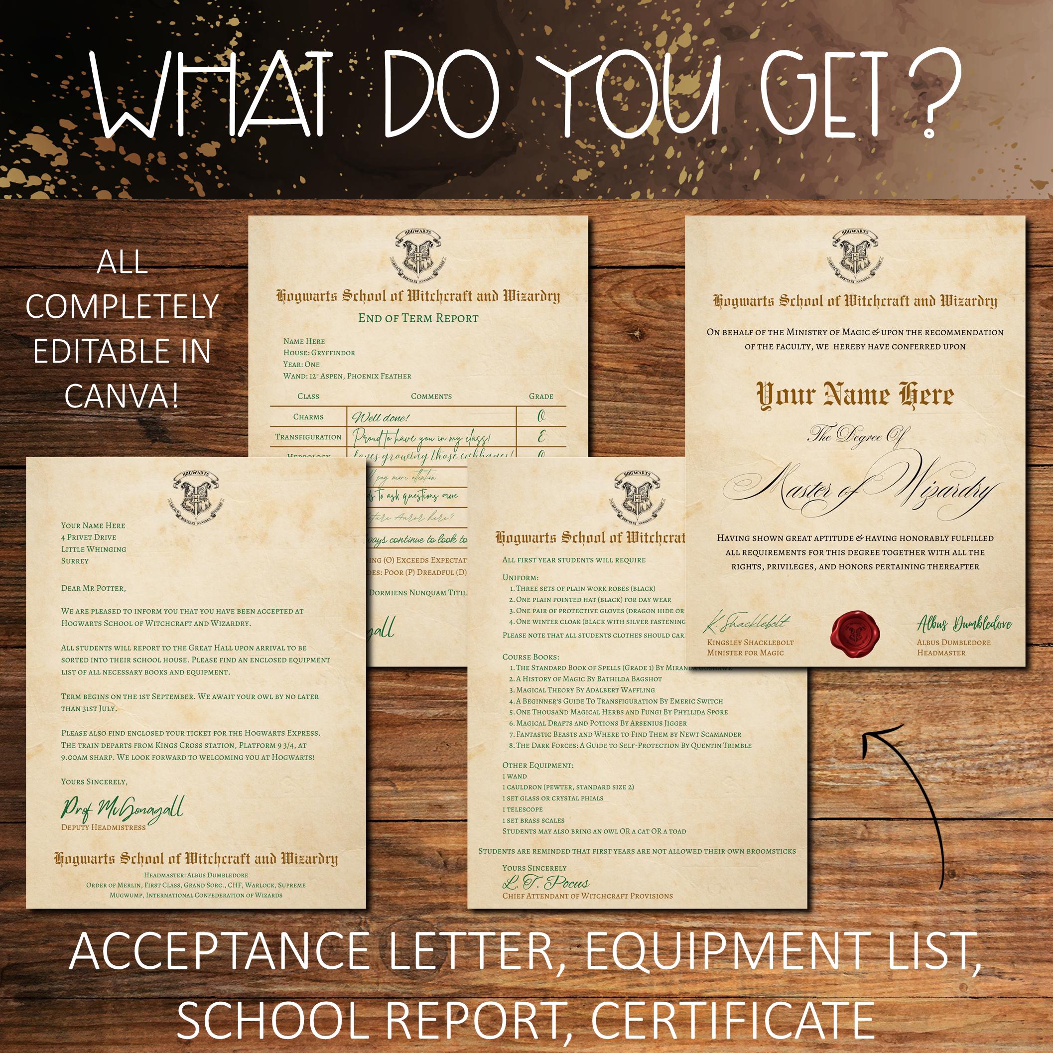 Editable Wizard School Acceptance Letter, Printable Magic School ...