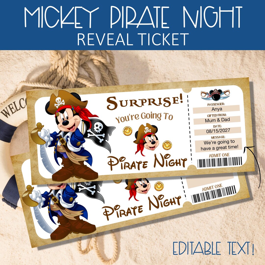 Pirate Mickeyy DCL Cruise Reveal Ticket Gift, Editable Pirate Night ...