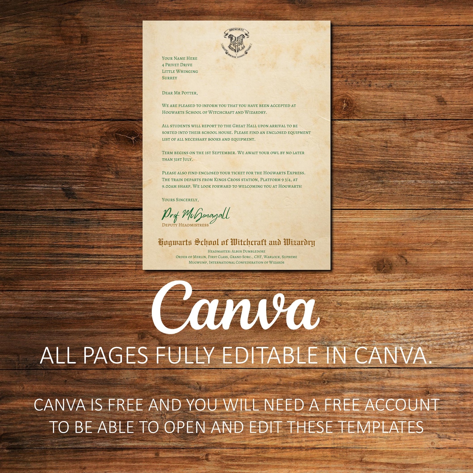 Editable Wizard School Acceptance Letter, Printable Magic School ...