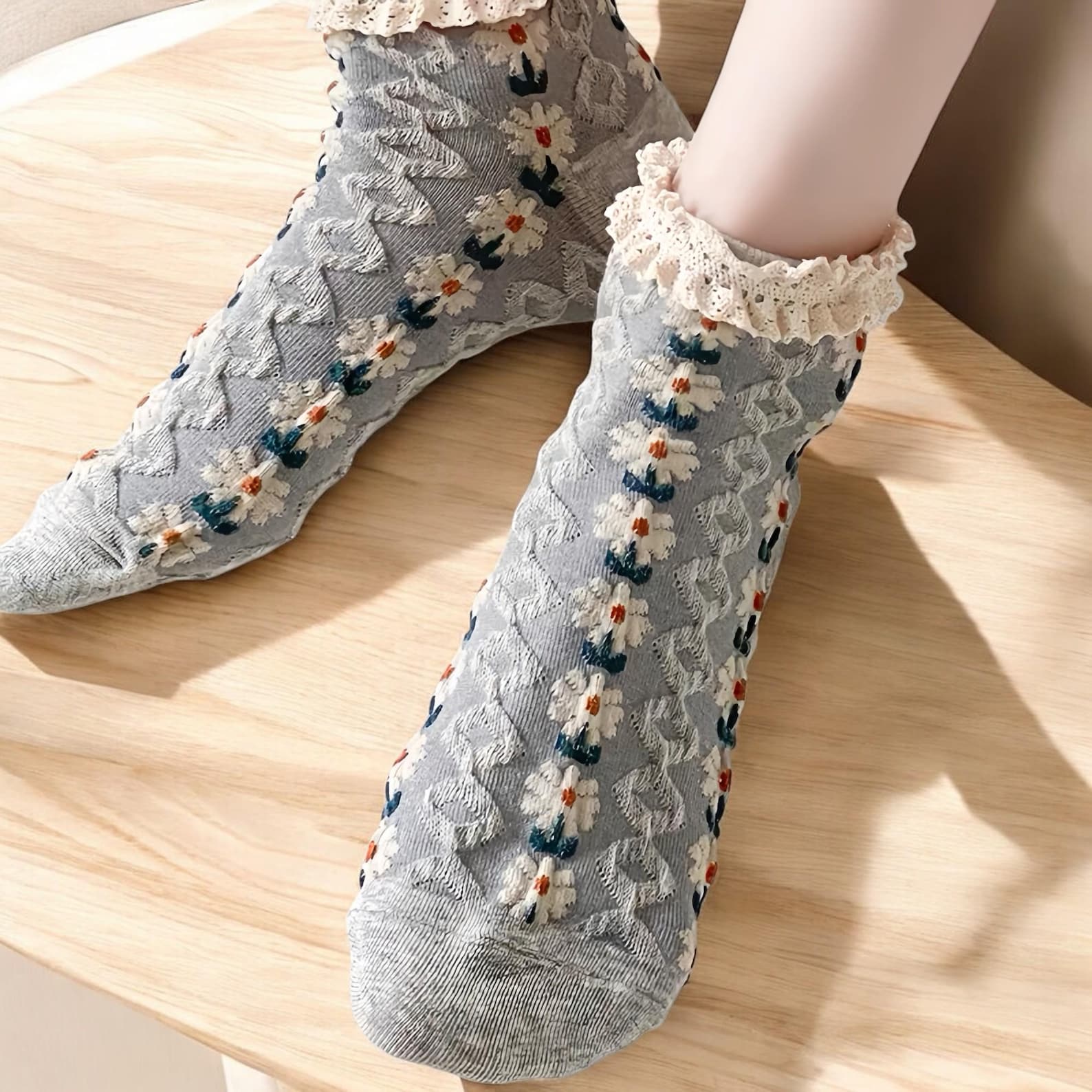 Women Cotton Ankle Socks Lace Trim, Vintage Floral Socks, Twist Pattern ...