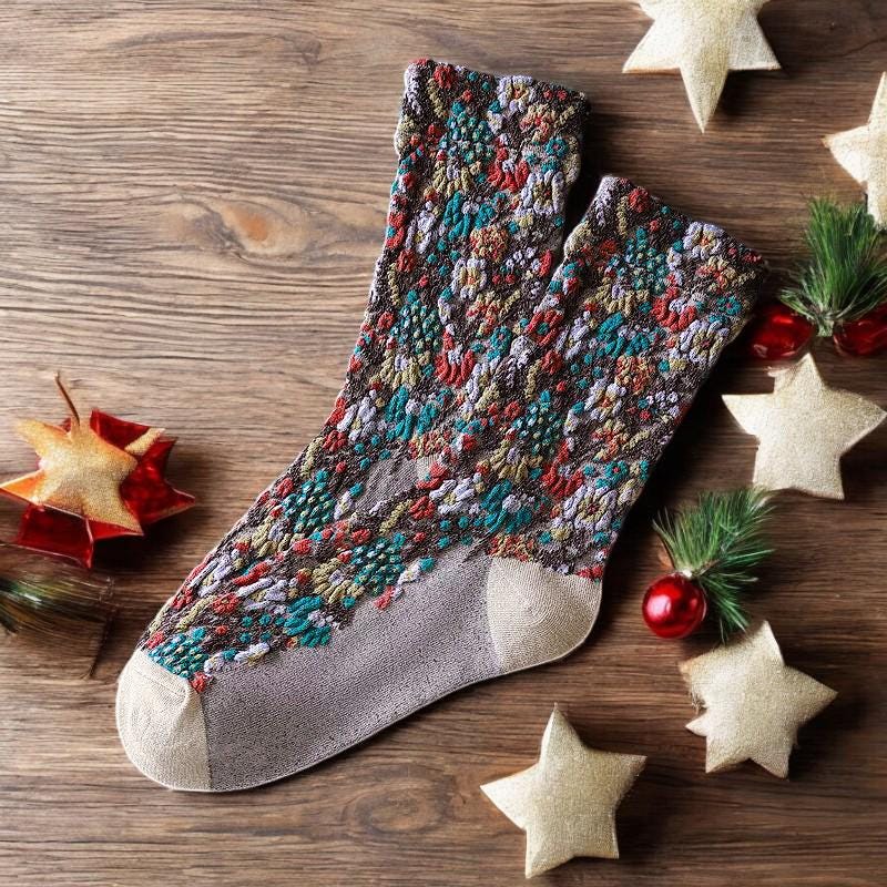 Retro Floral Socks, Scandinavian Women Socks, Cozy Embroidered Socks ...