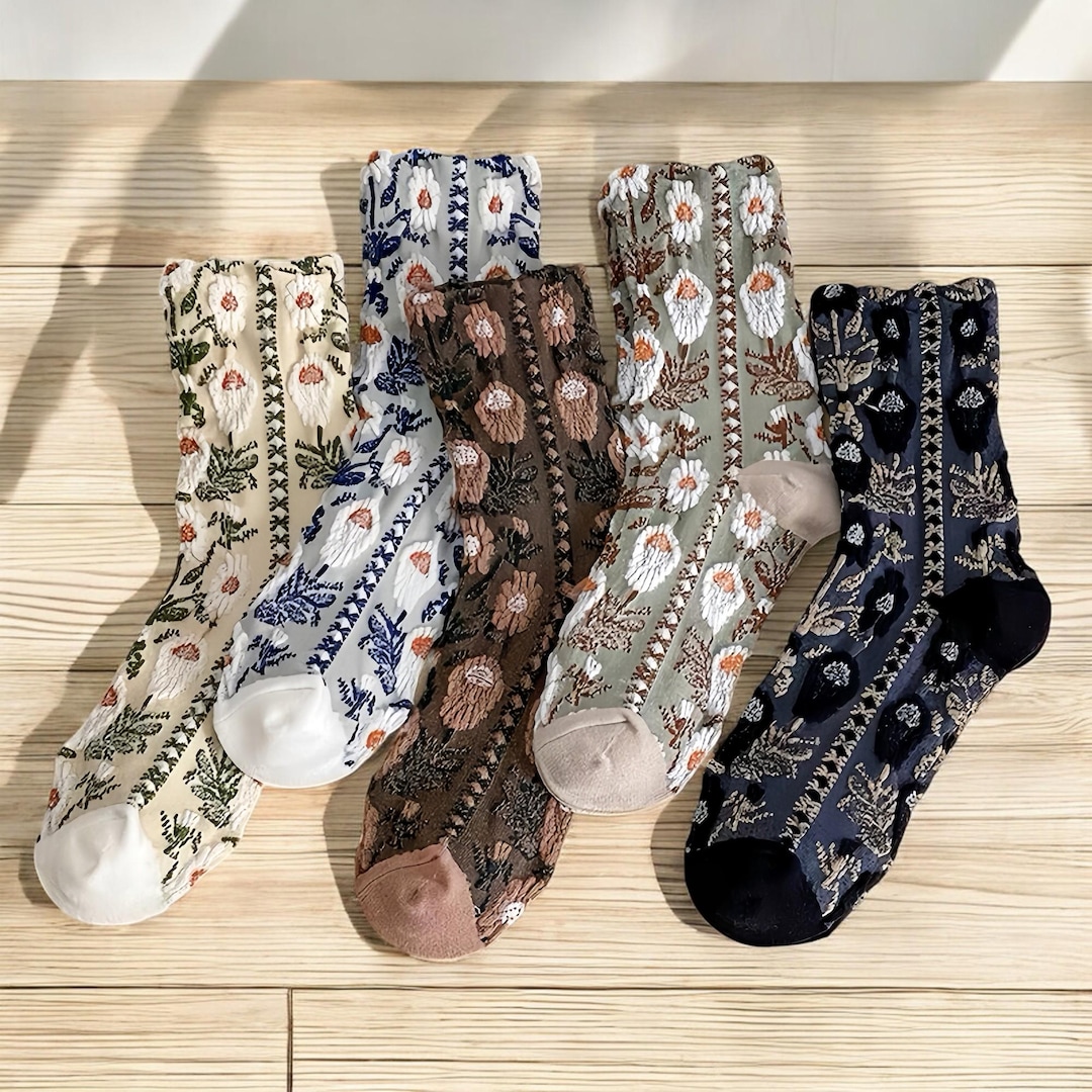 Fair Trade Women Vintage Socks, Embroidered Flower Spring Socks, Soft ...