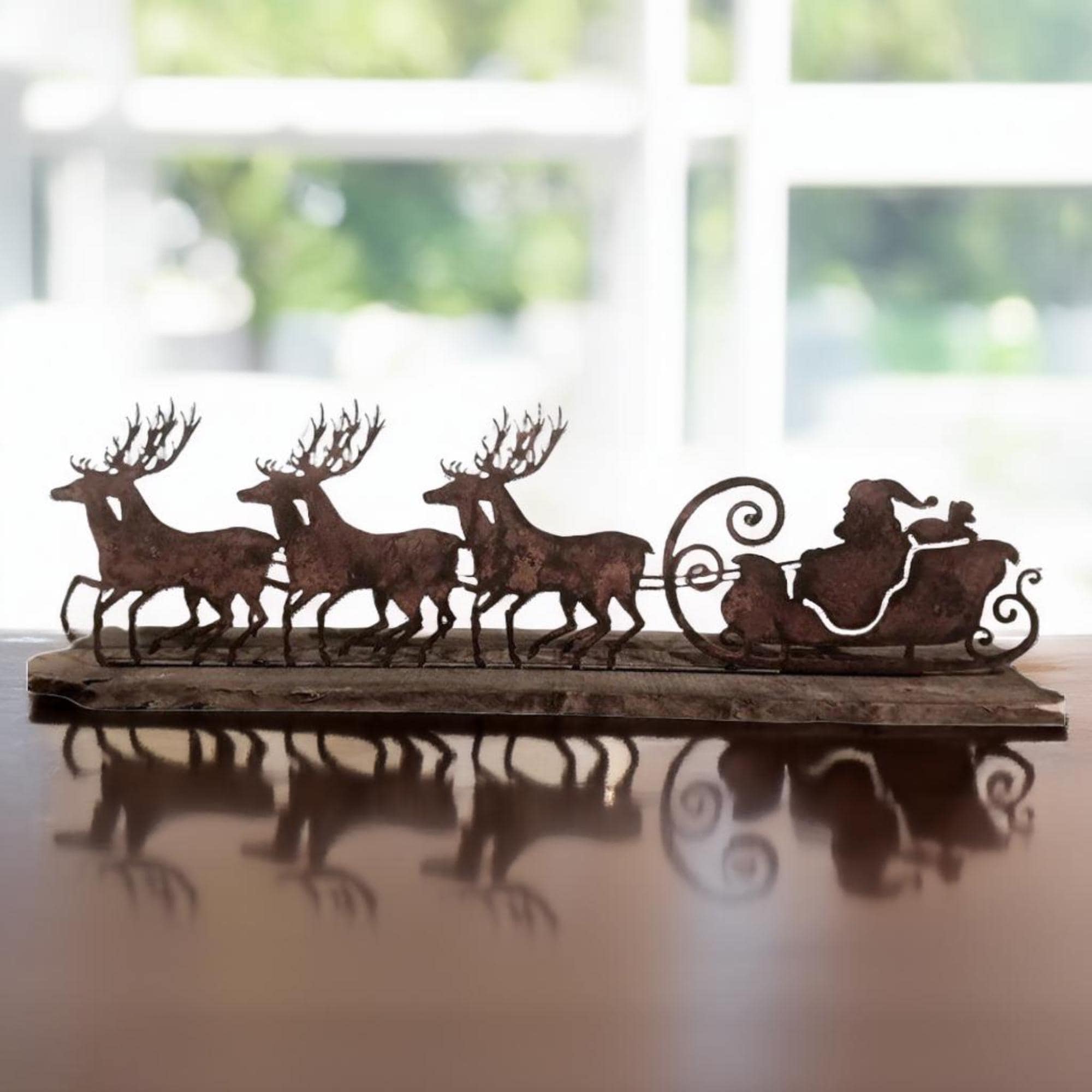 Handmade Metal Santa Sleigh With Reindeer Christmas Mantel Decor Rustic ...