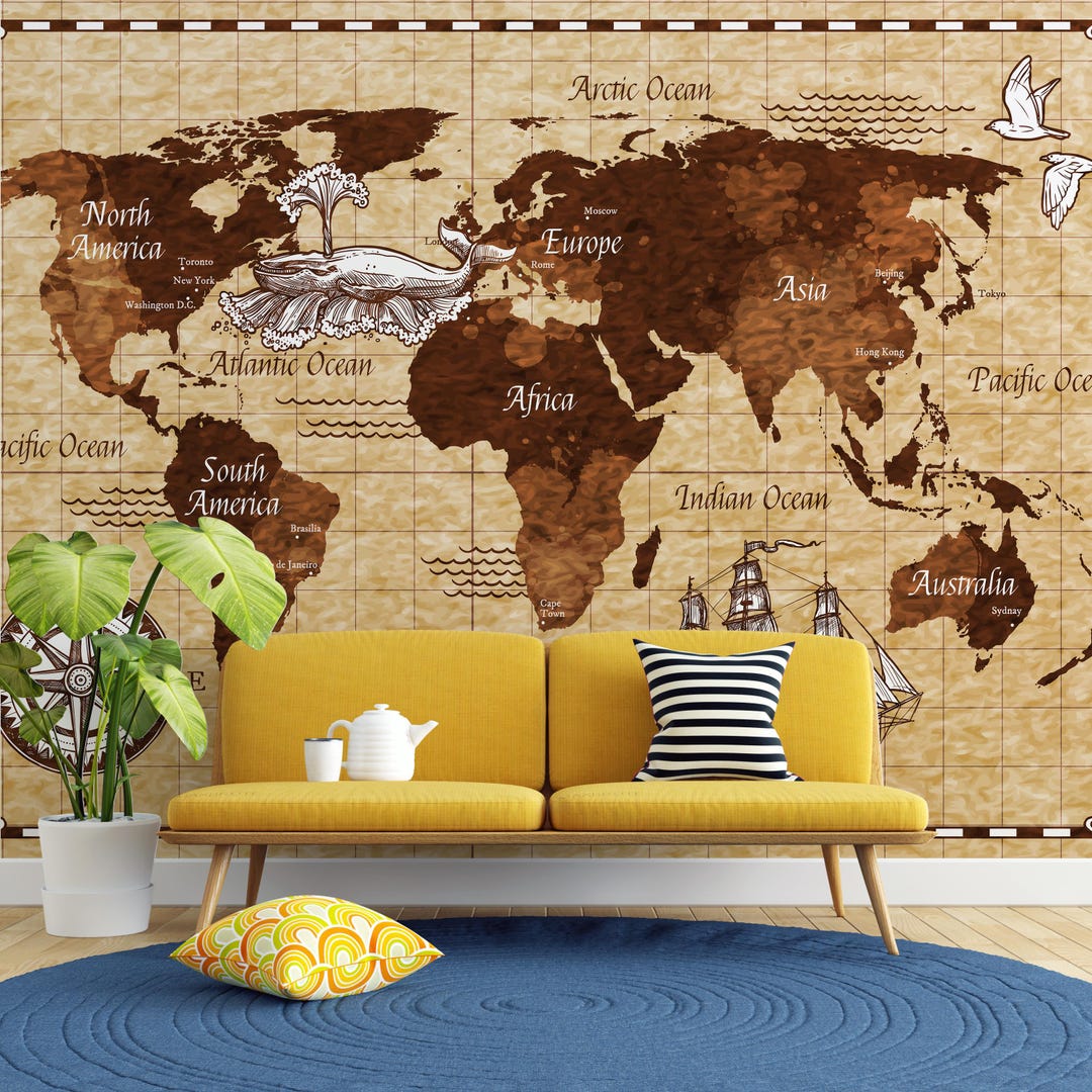 Vintage Political World Map, Living Room Decor, World Map Wall Decal ...