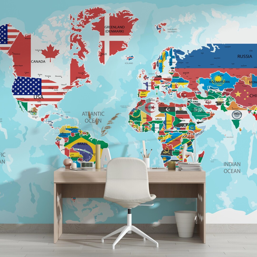Flag Political World Map, Living Room Decor, World Map Wall Decal, Boho ...