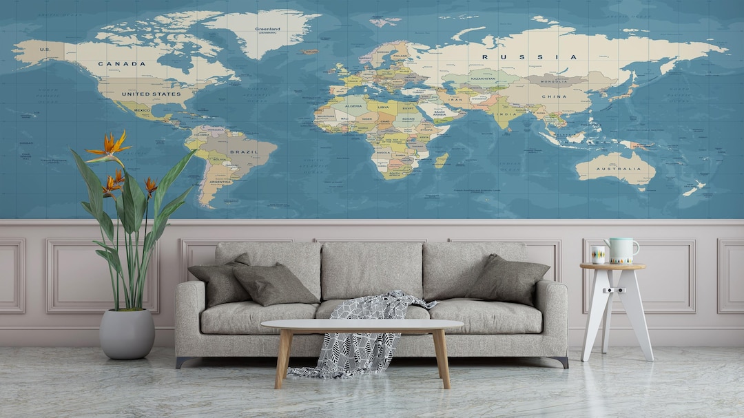 Blue Political World Map, Living Room Decor, World Map Wall Decal, Boho ...