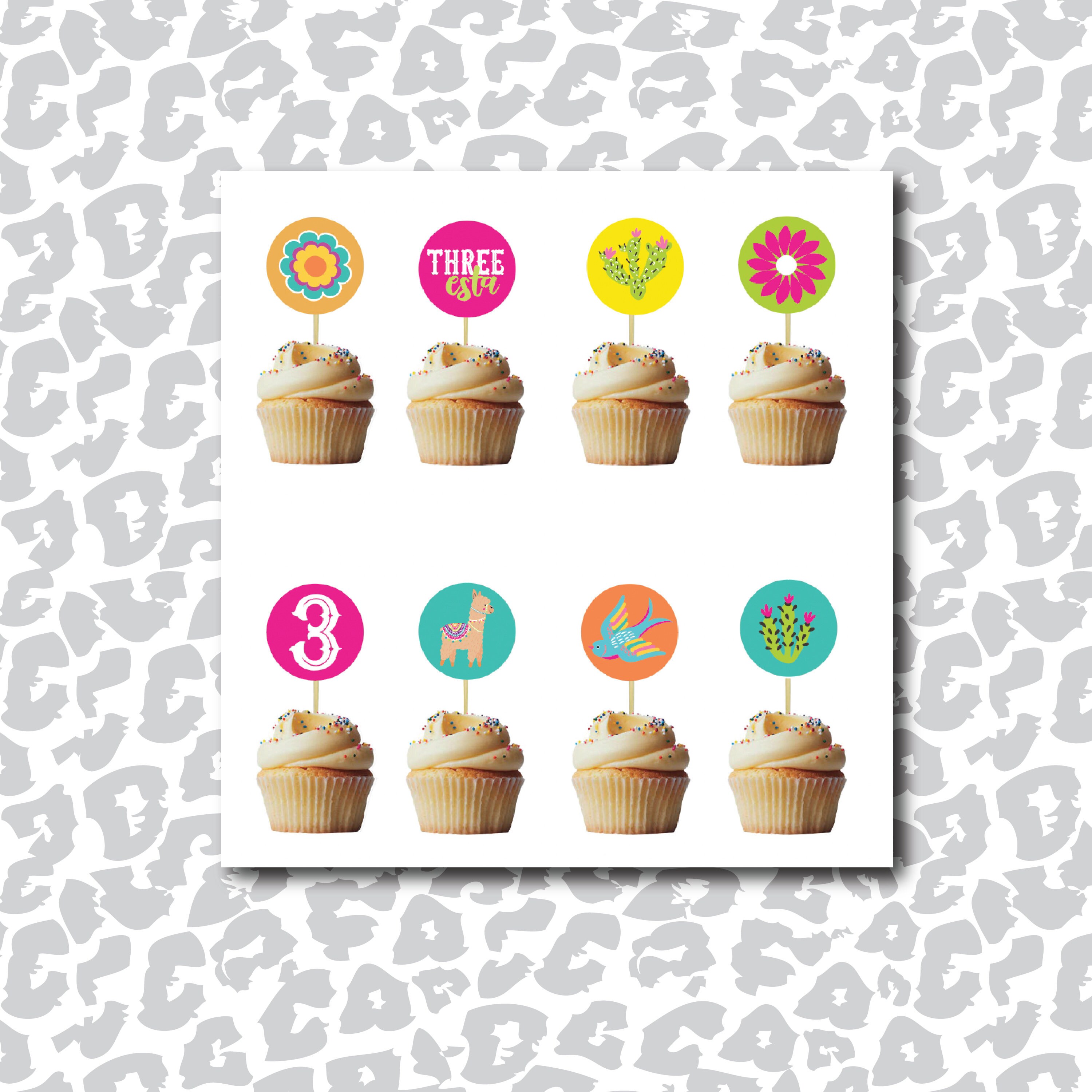 Fiesta Cupcake Topper Adios Dos Three-esta Party Tags Mexican Cactus ...