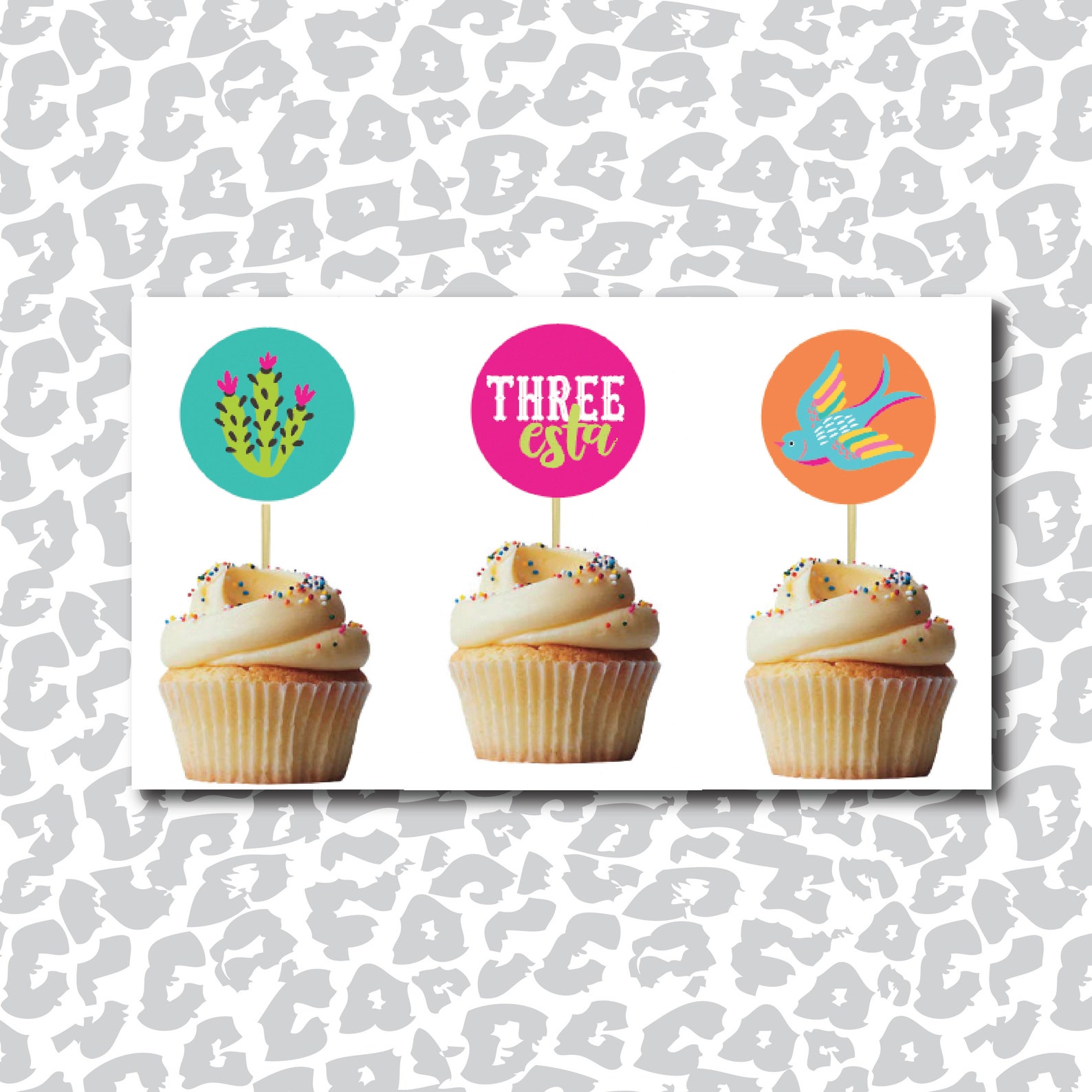 Fiesta Cupcake Topper Adios Dos Three-esta Party Tags Mexican Cactus ...
