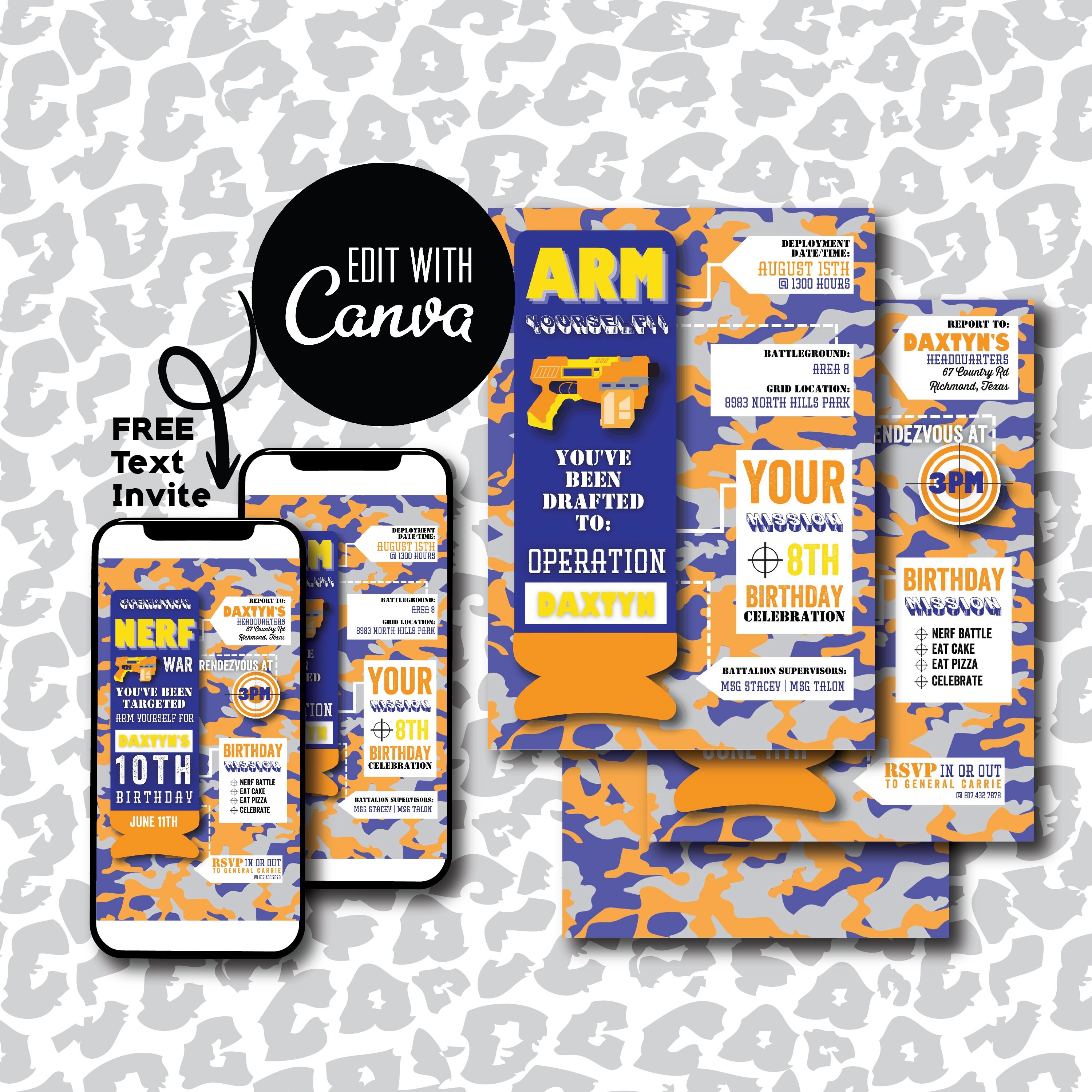 NERF War Birthday Party Invitation Set, Editable Target Birthday ...