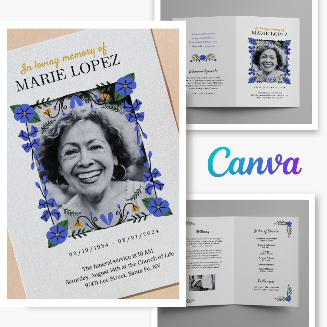 Blue Flower Obituary Template Funeral Program Card Celebration of Life ...