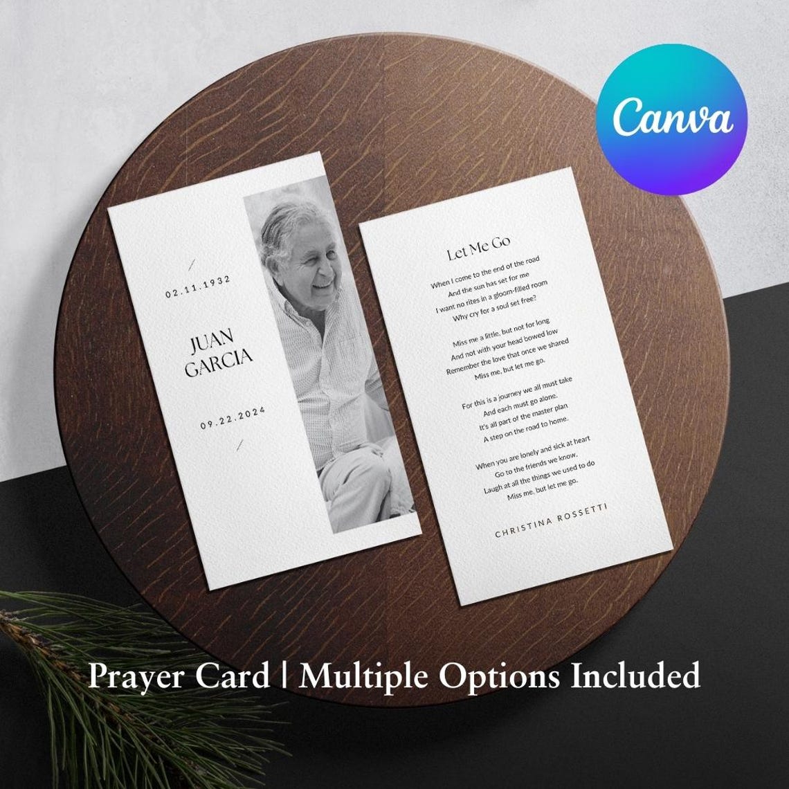 Sleek B/W Funeral Prayer Card Template, Printable Funeral Favor ...