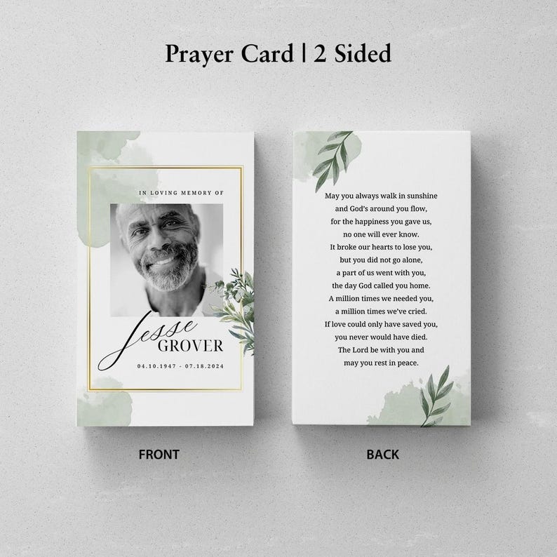 Greenery & Watercolor Floral Funeral Prayer Card Template | Memorial ...