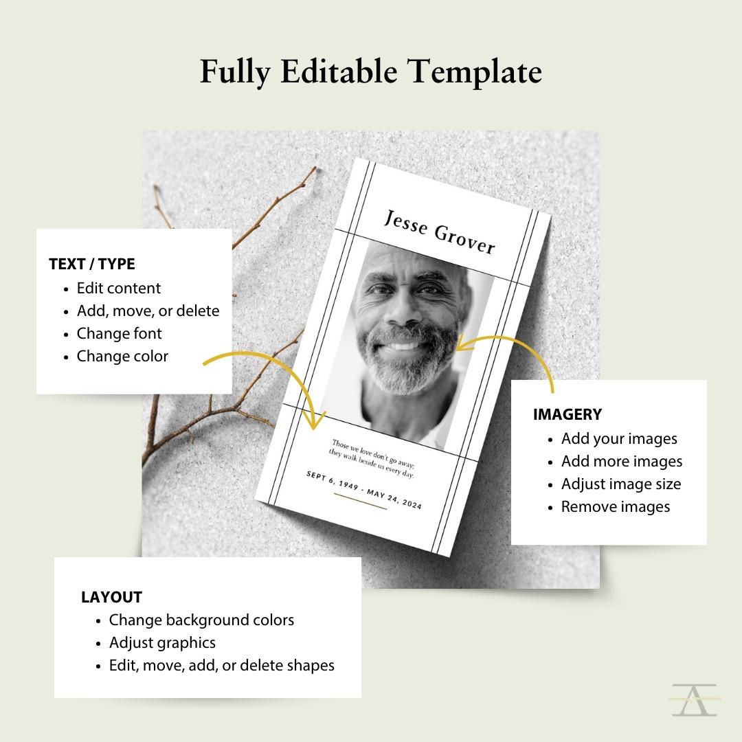 Modern Lines Printable Memorial Prayer Card Template Editable Obituary ...