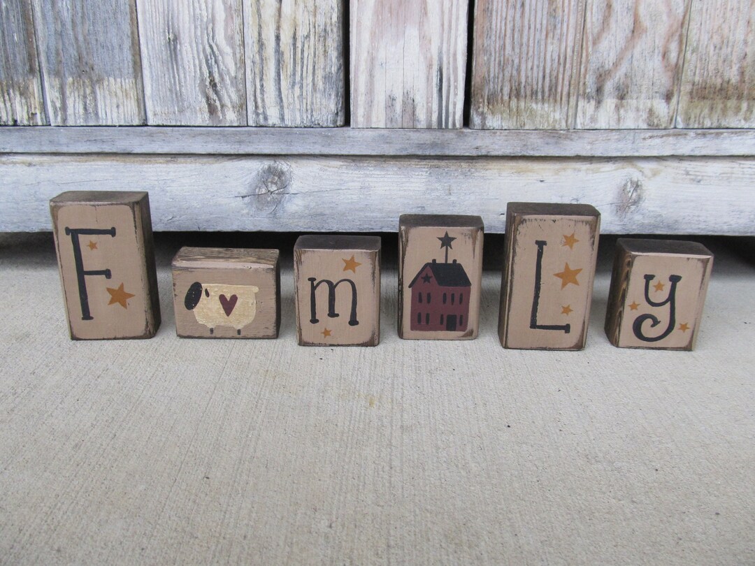 Primitive Family Wooden Blocks Set of 6 With Saltbox House Sheep and ...