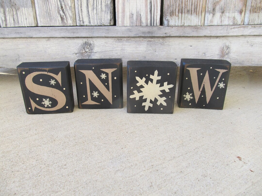 Primitive SNOW With Snowflake Set of 4 Wooden Blocks With Color Options ...