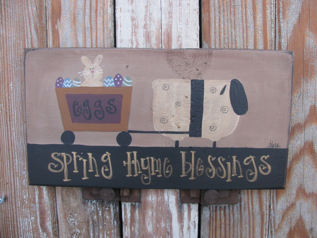 Primitive Sheep With Bunny and Egg Cart Hand Painted Wooden Sign ...