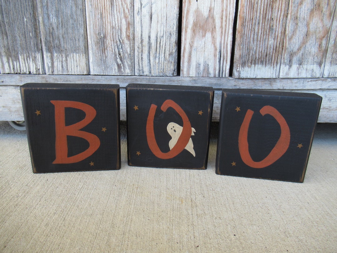 Primitive Halloween Boo With Ghost Wooden Block Set of 3 GCC6392 - Etsy