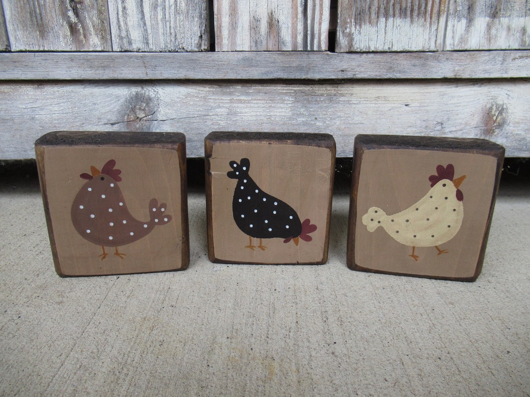 Primitive Country Chicken Mini 3 1/2" Wooden Tan Block With Chicken ...
