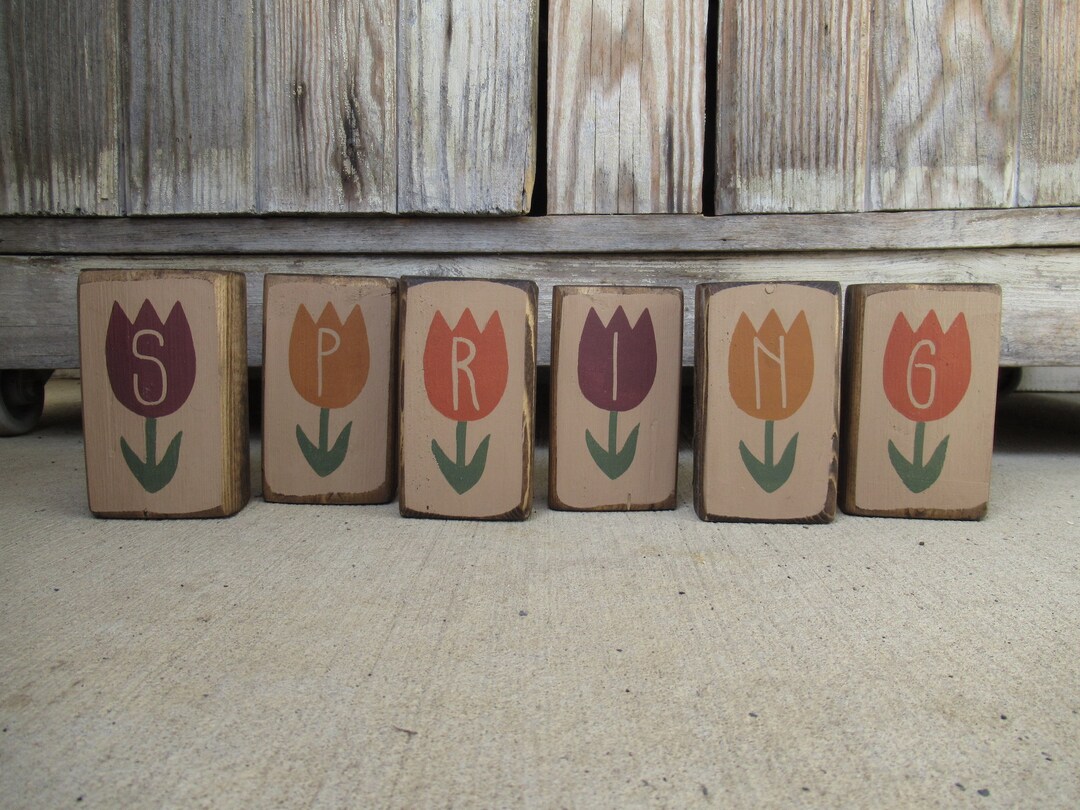 Primitive Spring Tulips Set of 6 Wooden Blocks With Tulip Color Choices ...