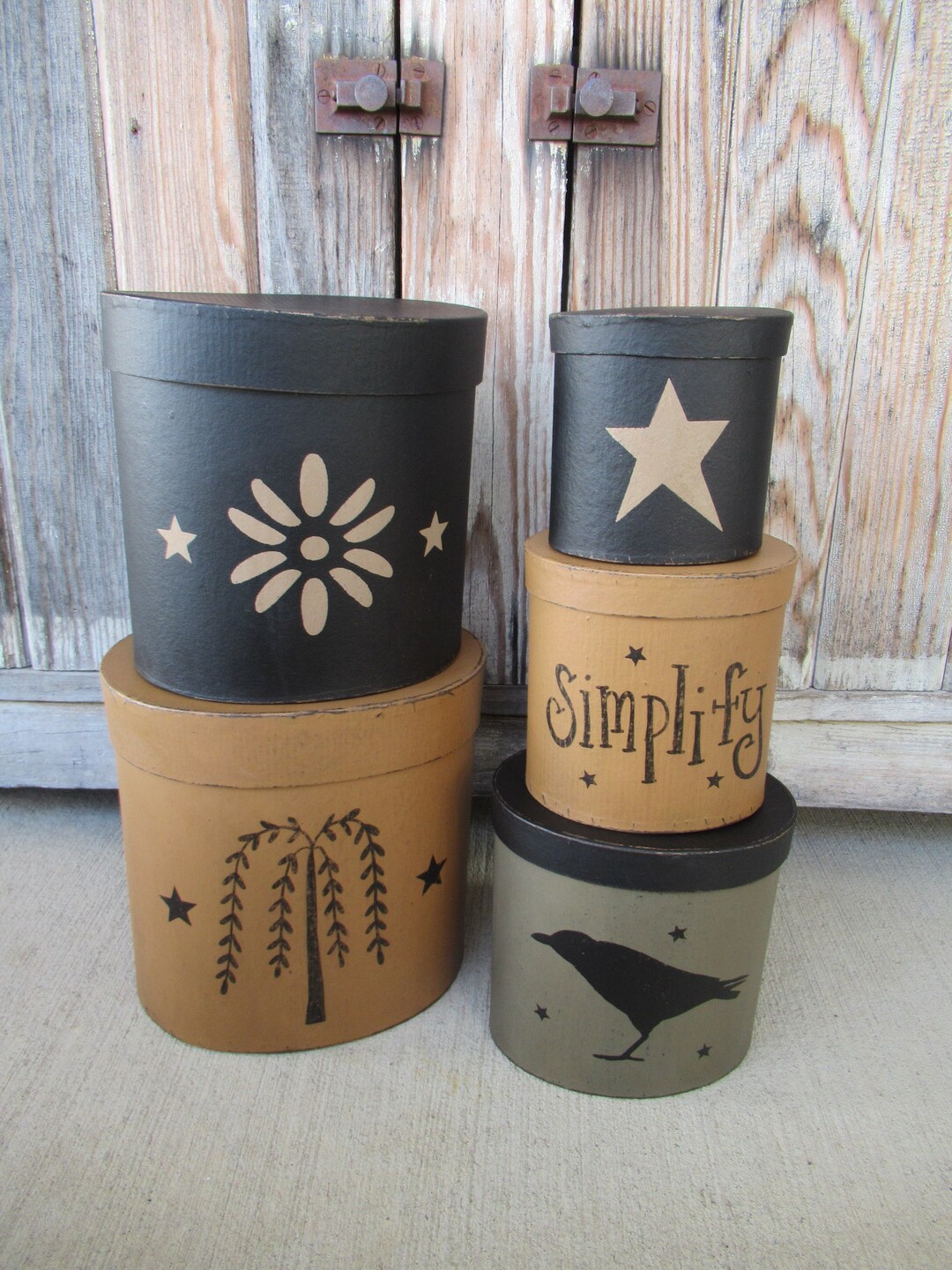 Primitive Willow Crow and Stars Colonial Set of 5 Oval Hand Painted ...