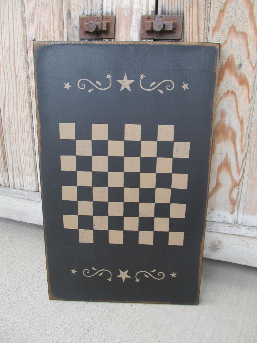 Primitive Colonial Black With Star Scroll Wooden Checkerboard Game ...