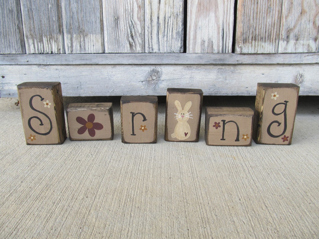 Primitive Spring Wooden Blocks Set of 6 With Bunny and Flowers GCC7979 ...
