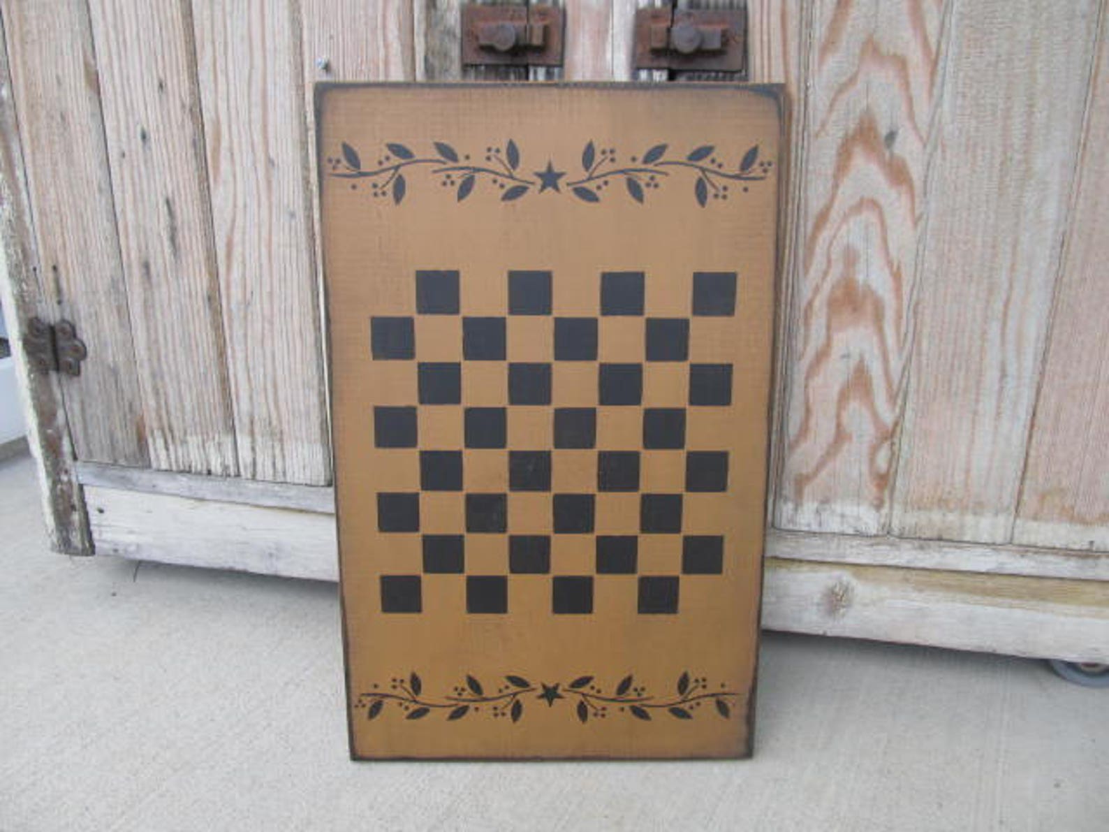 Primitive Colonial Star Berry Vine Wooden Checkerboard Game Board ...