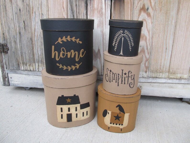 Primitive Saltbox Home Set of 5 Oval Stacking Boxes With Sheep - Etsy