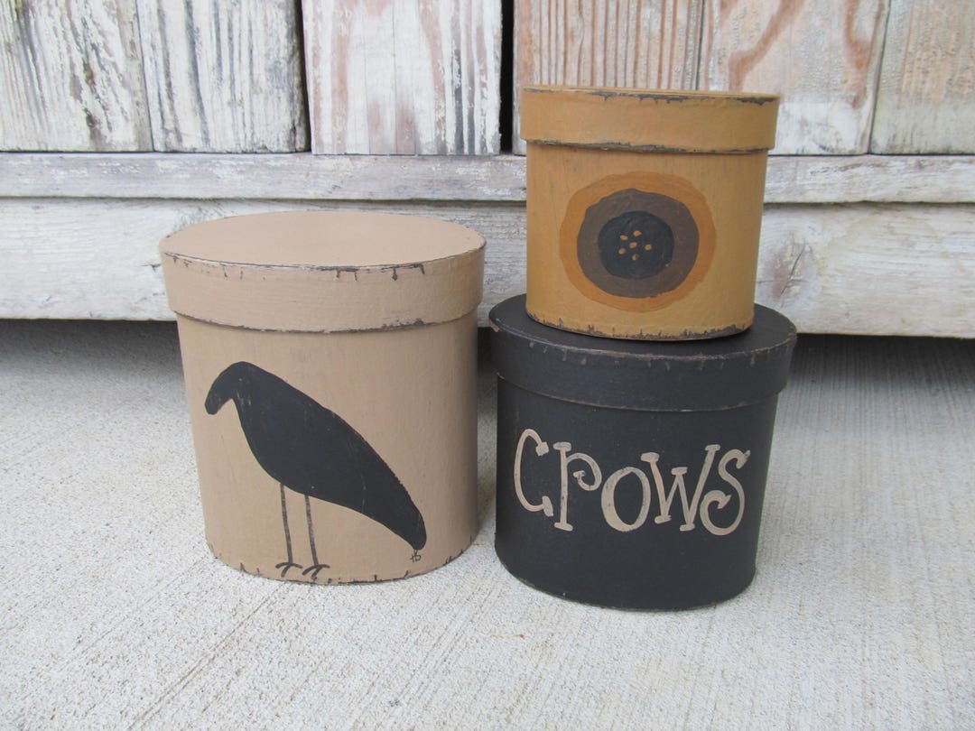 Primitive Crow and Sunflower Hand Painted Set of 3 Oval Stack Boxes ...
