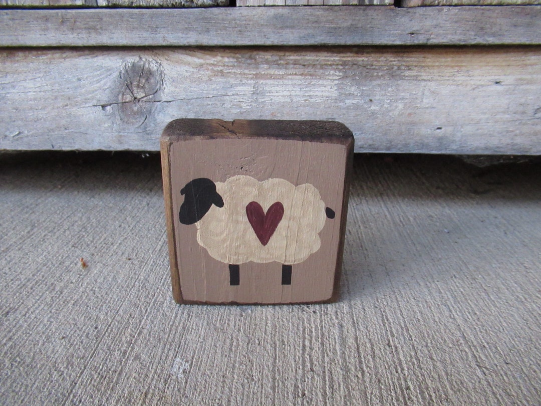 Primitive Sheep With Primitive Heart Mini Wooden Block With Decor ...
